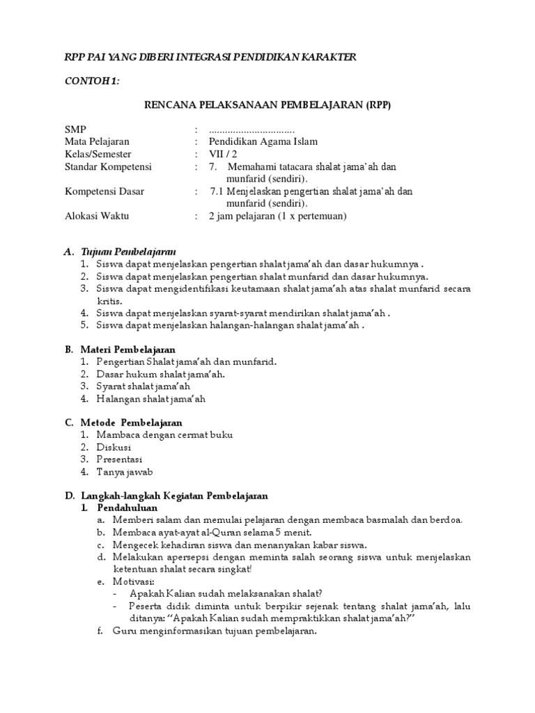 Contoh RPP Pai Integrasi Berkarakter | PDF
