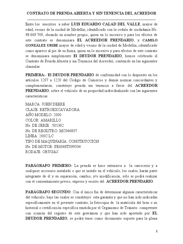 Contrato de Prenda | PDF | Hipoteca Comercial | Finanzas y ...