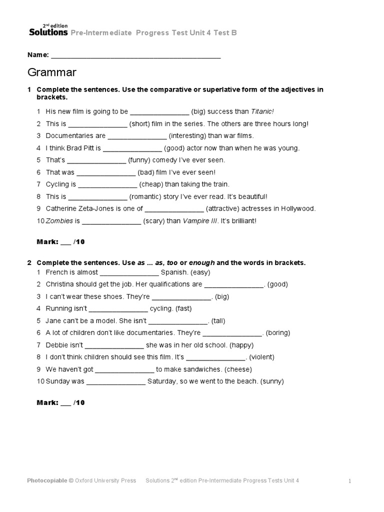 Grammar: Pre-Intermediate Progress Test Unit 4 Test B | PDF | Academy ...