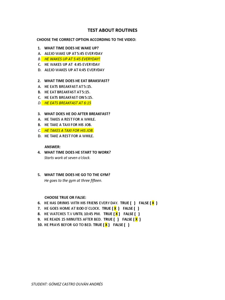 Daily Routine Quiz for Alejo | PDF