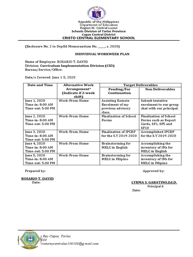 Rose CCD Individual Workweek Plan | PDF | Philippines | Government