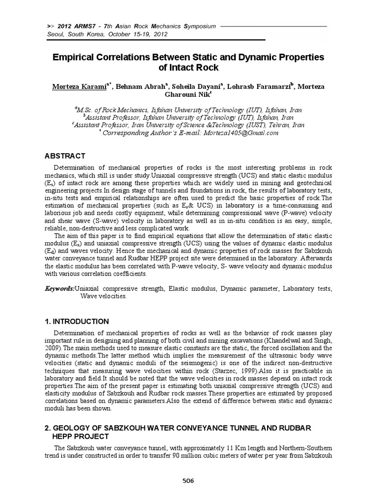 Empirical Correlations Between Static and Dynamic Properties of Intact ...