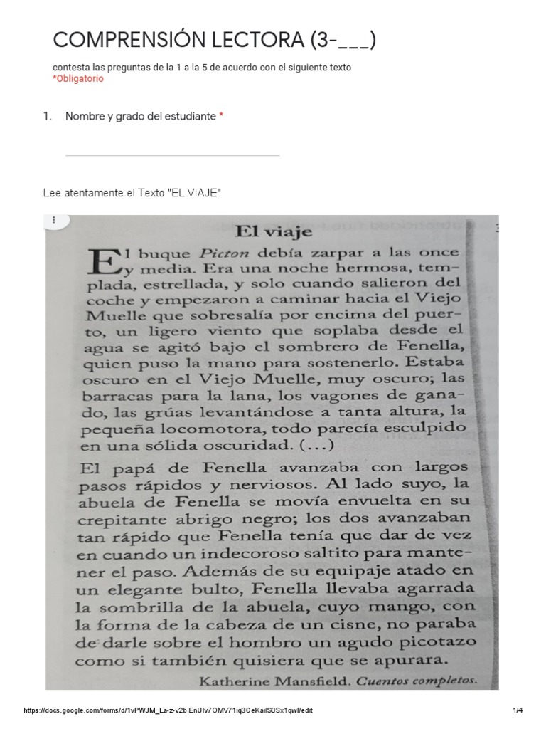 COMPRENSIÓN LECTORA - El Viaje - Formularios de Google | PDF