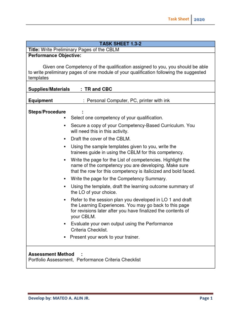 Task Sheet 1.3-2 Title: Write Preliminary Pages of The CBLM Performance ...