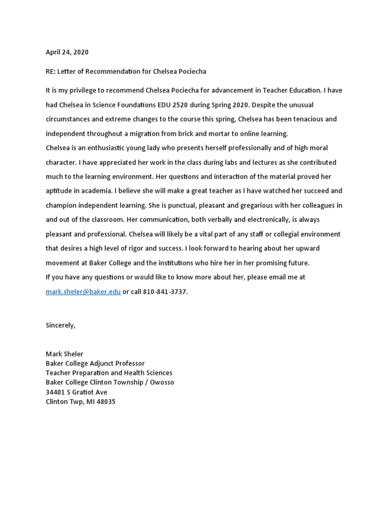 Chelsea Pociecha Baker Letter of Recommendation 1 | PDF
