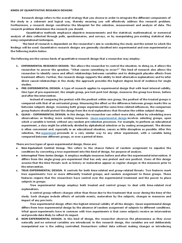 Kinds of Quantitative Research Designs | PDF | Research Design | Experiment