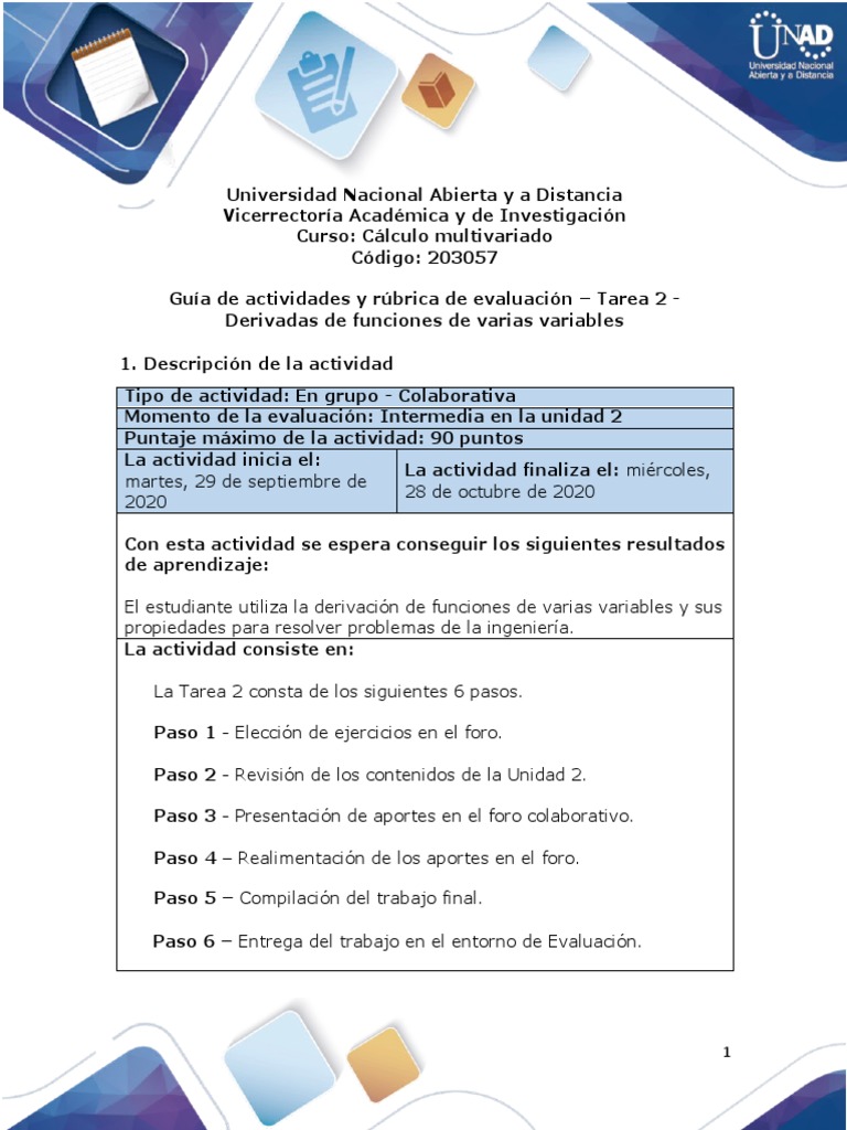 Guía de Actividades y Rúbrica de Evaluación - Unidad 2 - Tarea 2 - Derivadas de Funciones de ...