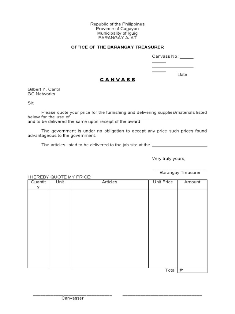 Canvass: Office of The Barangay Treasurer | PDF