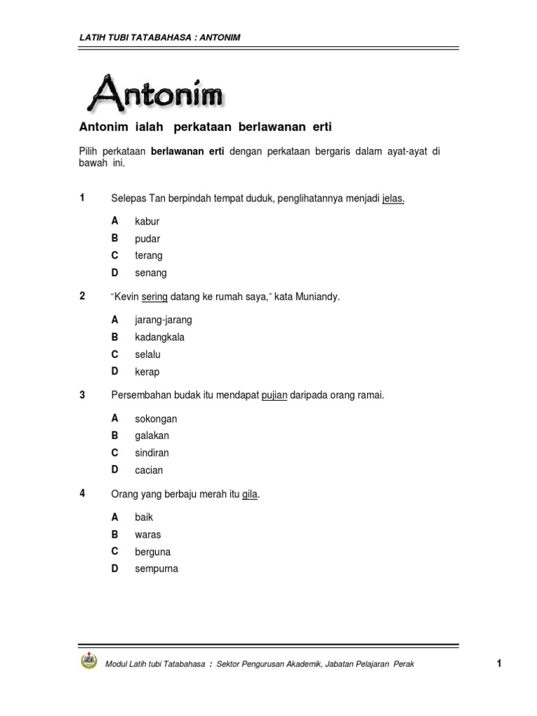 Latihan Antonim 1-19 | PDF