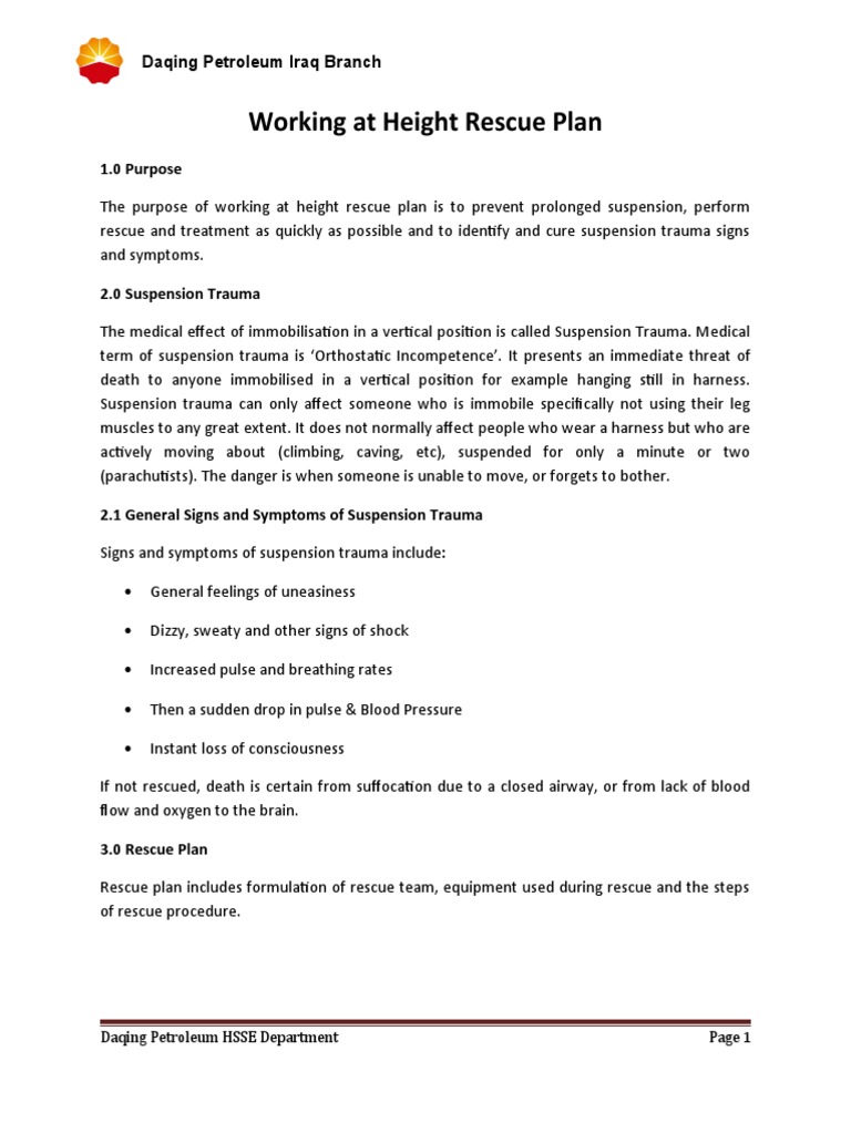 Working at Height Rescue Plan Guide | PDF | Physiology | Medicine