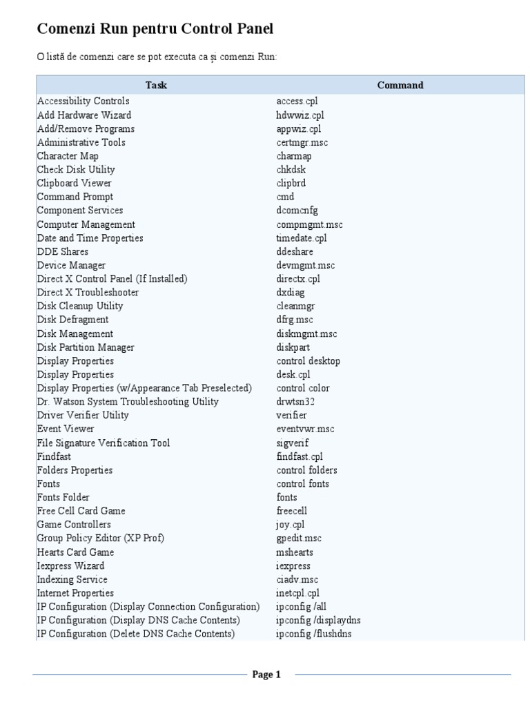 Comenzi Run Pentru Control Panel | PDF | Windows Registry | Microsoft ...