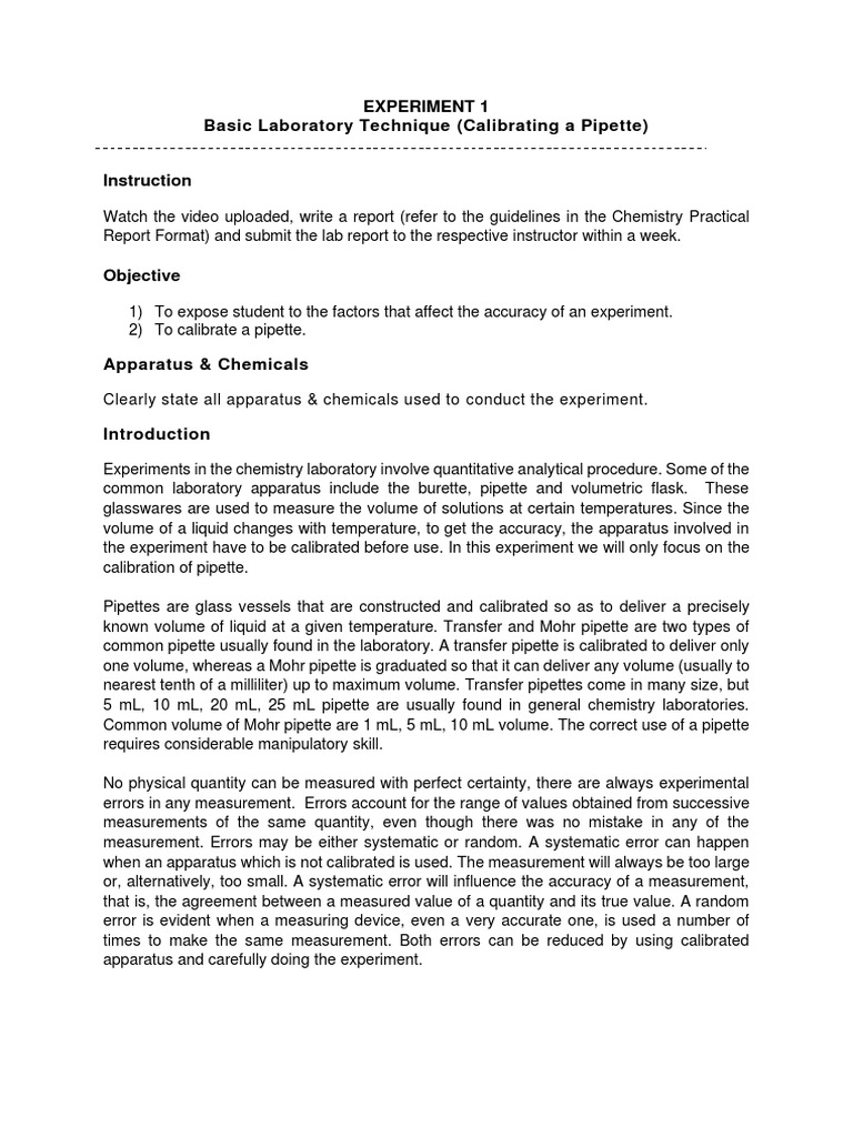 Experiment 1 Basic Laboratory Technique (Calibrating A Pipette) | PDF | Physical Sciences | Nature