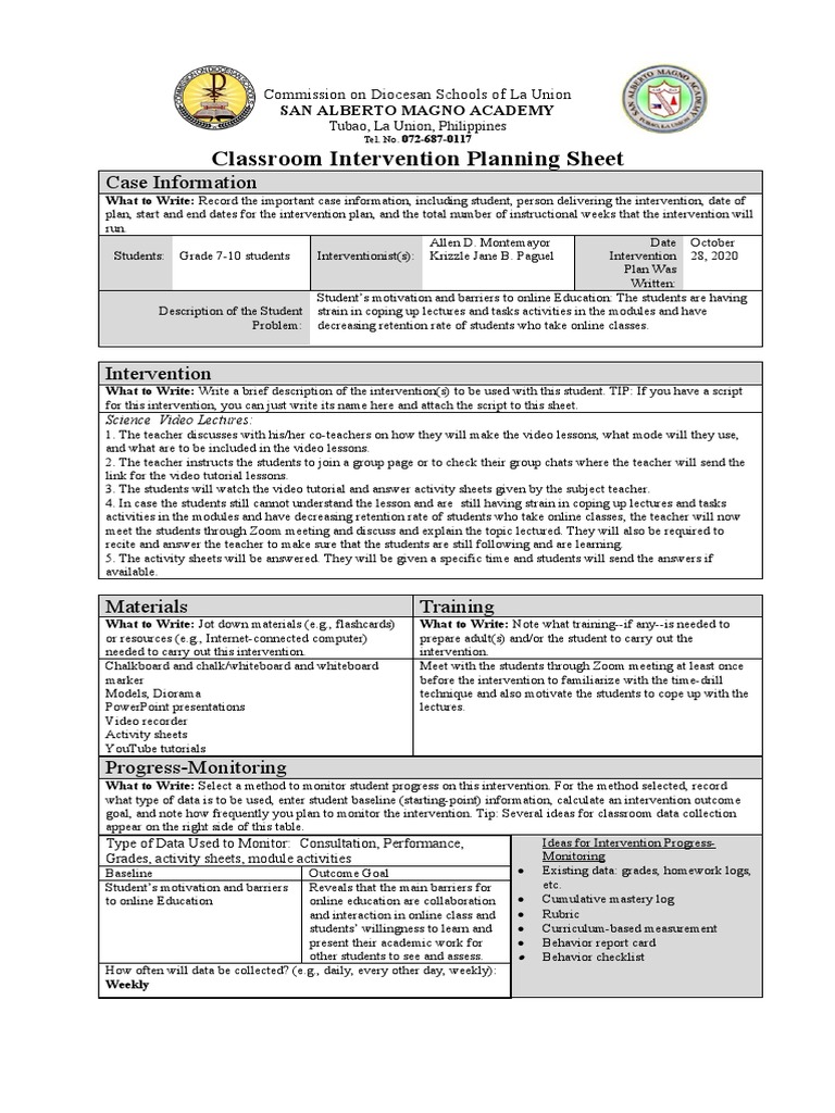 Online Learning Intervention Plan | PDF | Educational Technology | Teachers