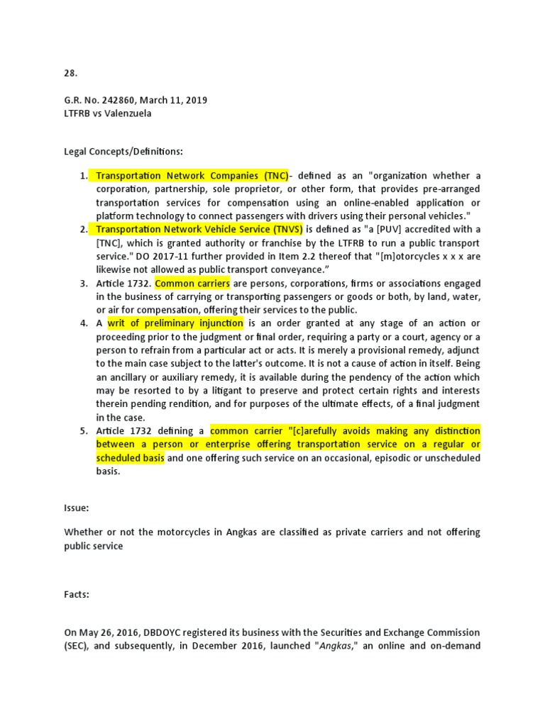 LTFRB vs Valenzuela: TNVS Ruling | PDF | Common Carrier | Injunction