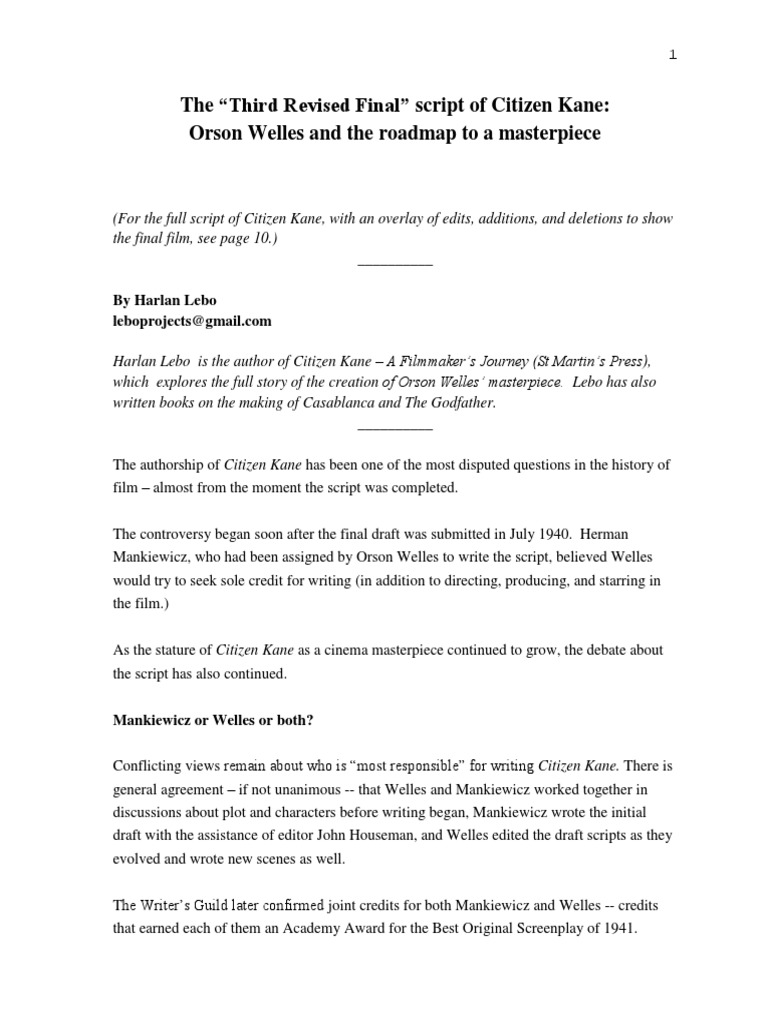 Citizen Kane - The Third Revised Final Script With Overlay: Roadmap To ...