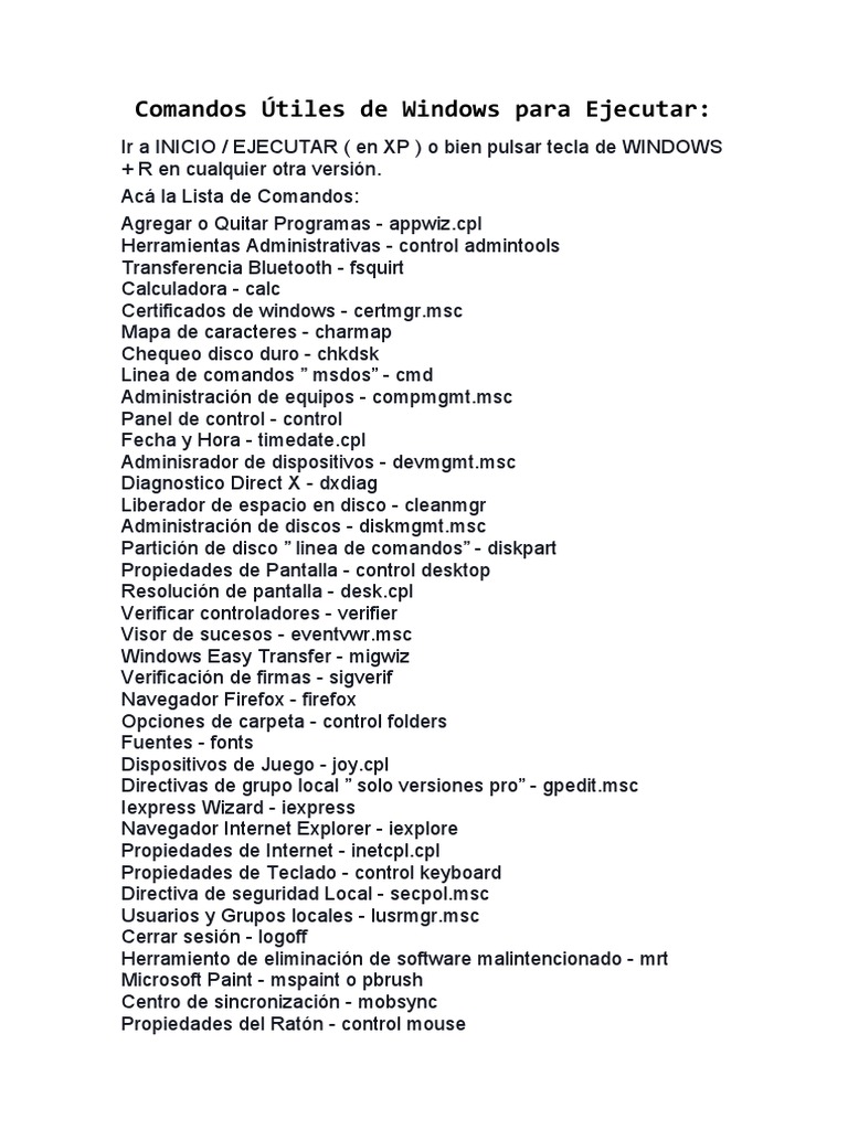 Comandos Útiles de Windows para Ejecutar | PDF | Microsoft Windows ...