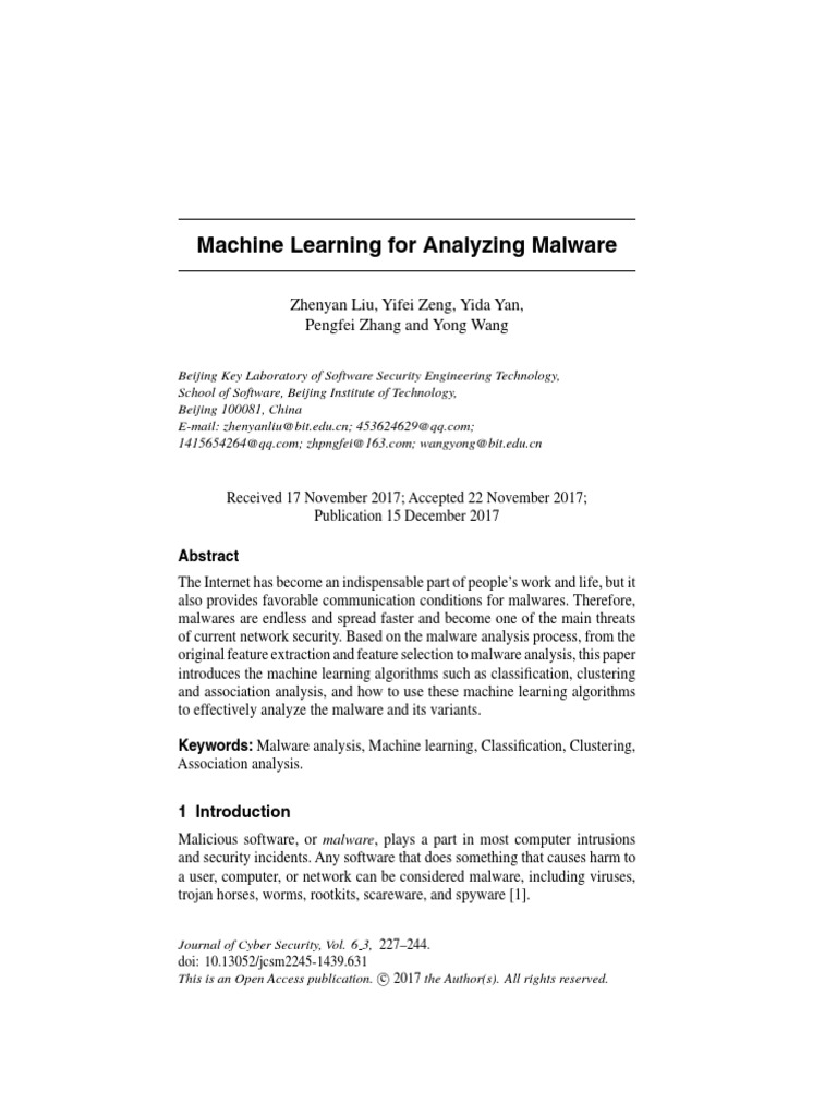 Machine Learning For Analyzing Malware: Zhenyan Liu, Yifei Zeng, Yida ...