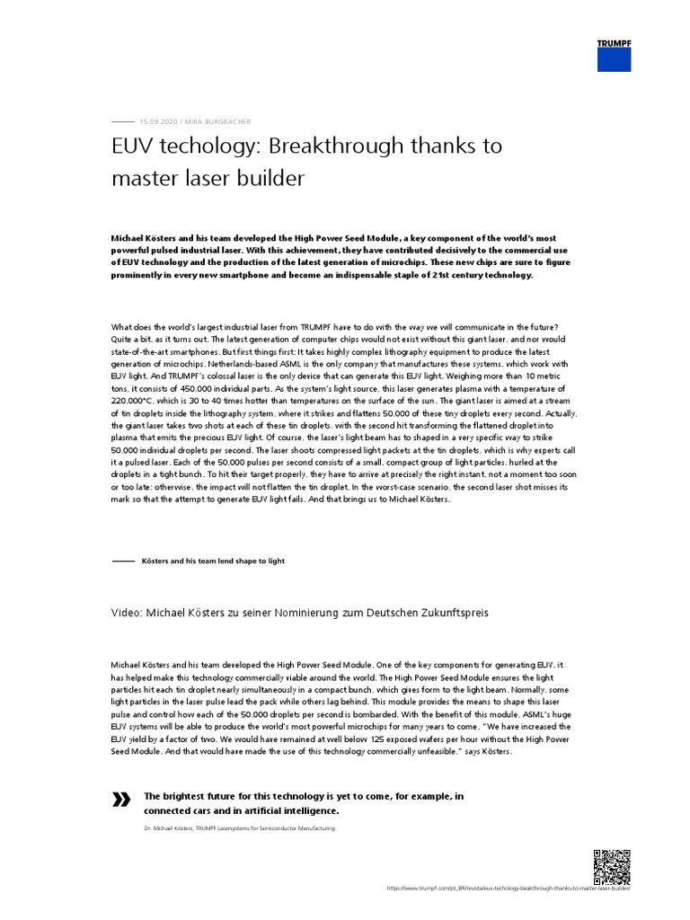 TRUMPF EUV Techology Beakthrough Thanks To Master Laser Builder | PDF ...