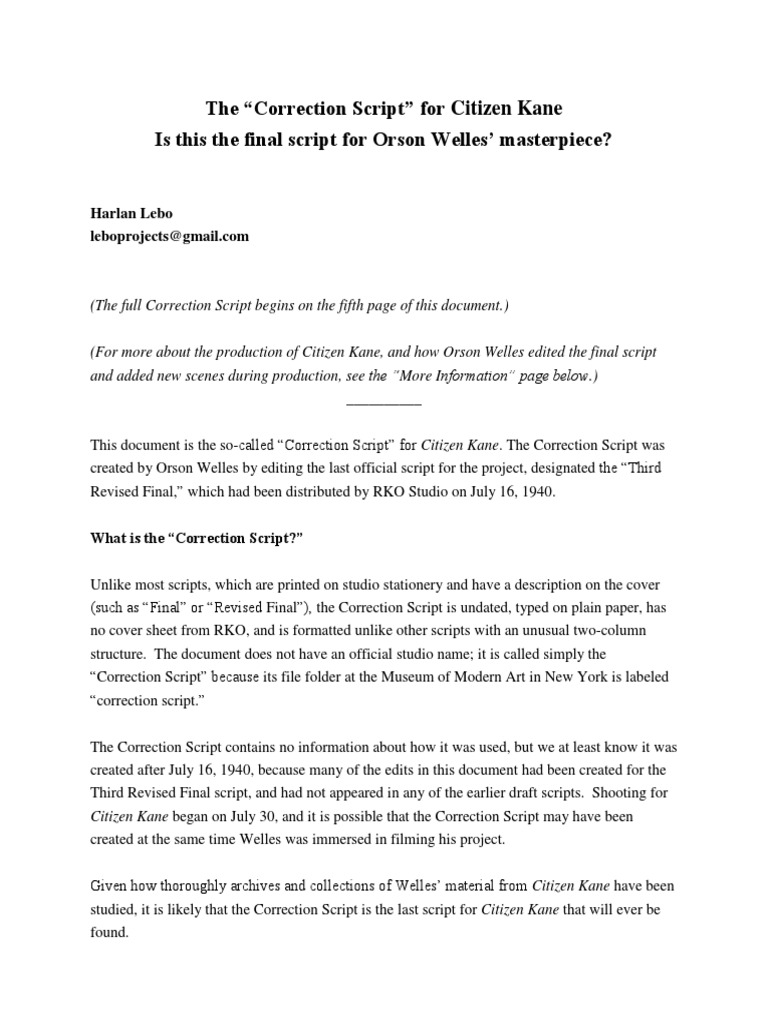 Citizen Kane - The Correction Script: Is This The Last Script For Orson ...