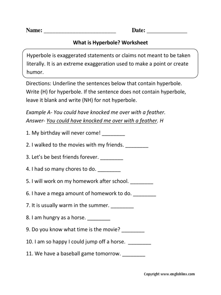 Name: - Date: - What Is Hyperbole? Worksheet | PDF