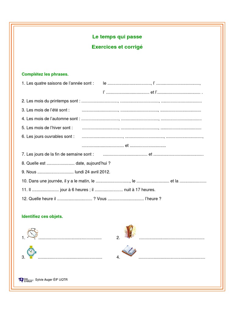 Exercices sur le temps et les saisons | PDF | Échecs | Jeux et activités