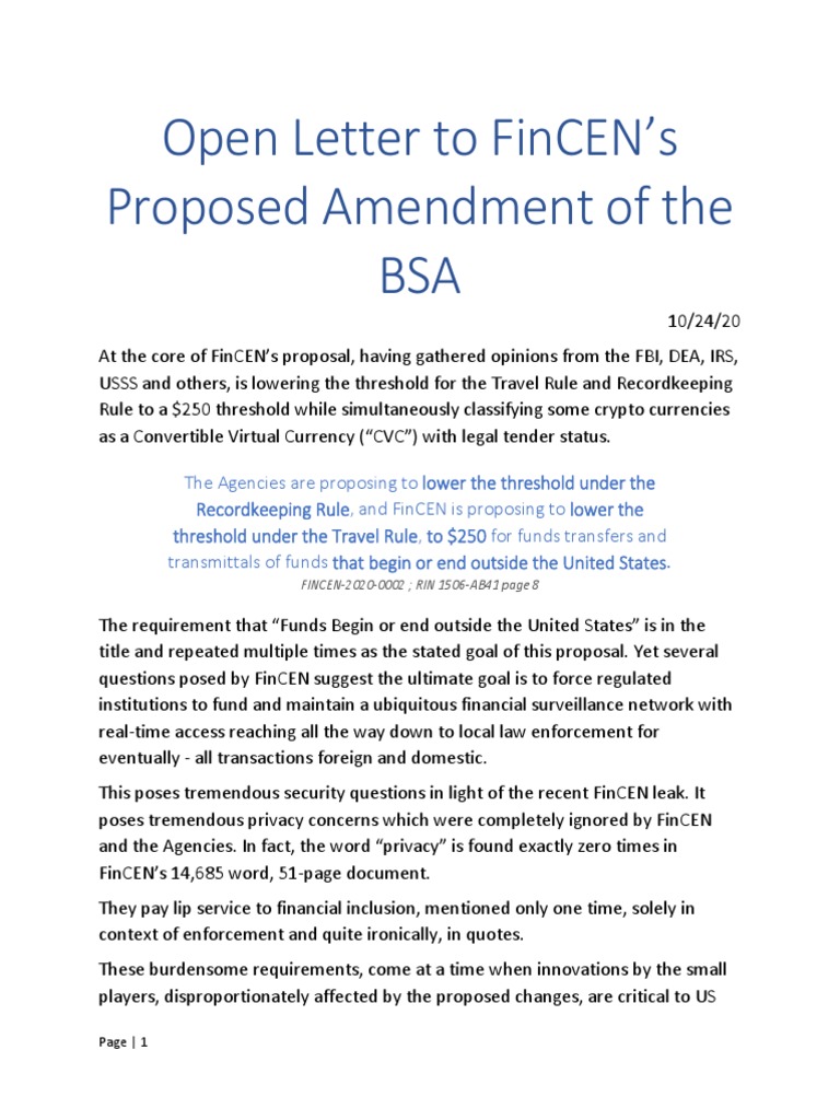 Open Letter To FinCEN's Proposed Amendment of The BSA | PDF | Money ...