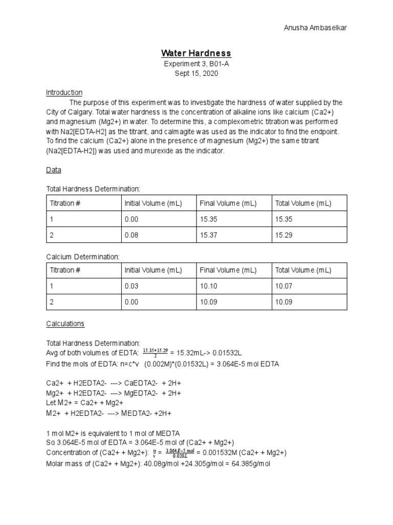 Calgary Water Hardness Experiment Report | PDF | Titration | Chemistry