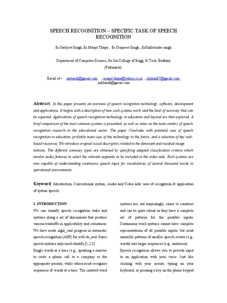 Speech Recognition - Specific Task of Speech Recognition: Abstract ...