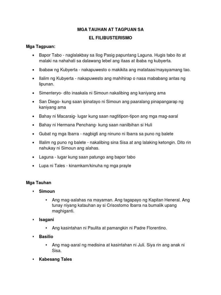 Mga Tauhan at Tagpuan Sa | PDF