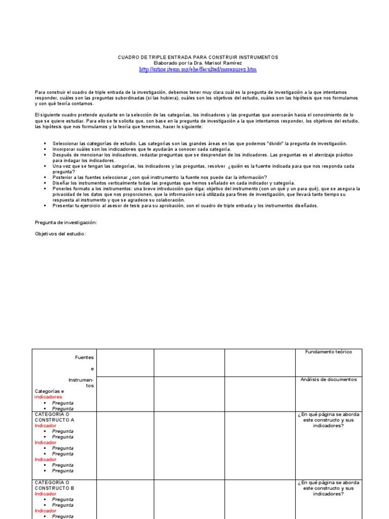 Cuadro Triple Entrada para Construir Instrumentos | PDF | Cognición ...