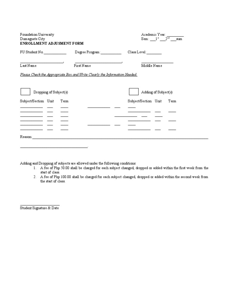 Foundation University Enrollment Adjustment Form | PDF | Career & Growth