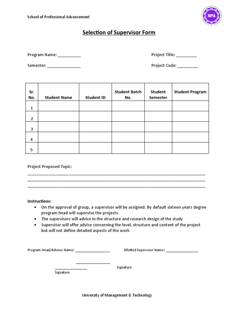 Selection of Supervisor Form | PDF | Business