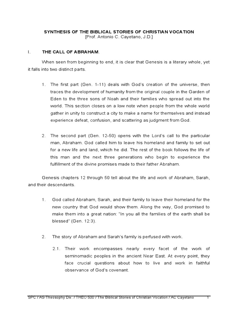 Synthesis of The Bibilcal Stories of Christian Vocation - THEO 500 ...