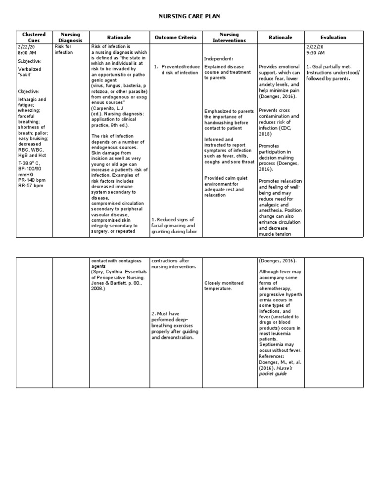 Nursing Care Plan: Clustered Cues Nursing Diagnosis Rationale Outcome ...