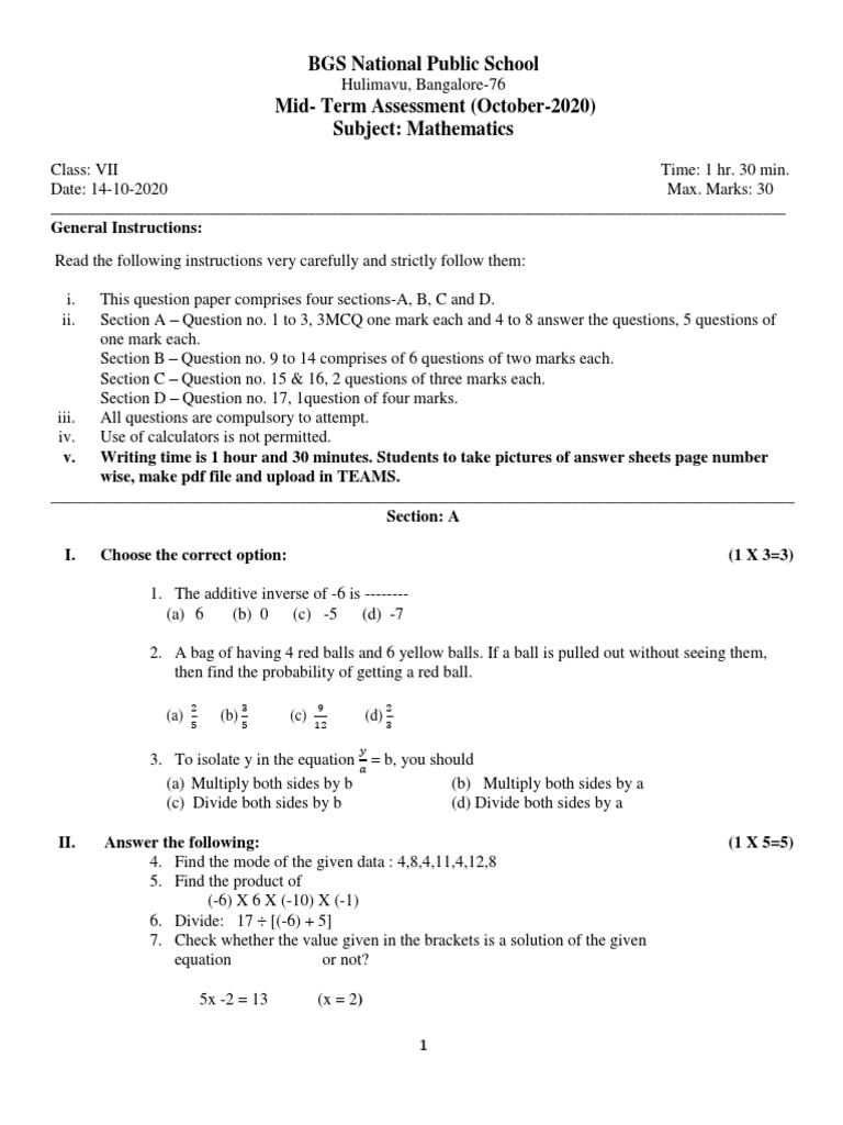 Mid-Term Assessment (October-2020) : BGS National Public School | PDF ...