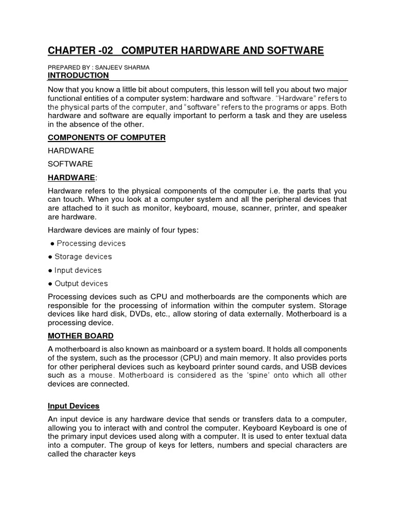 Chapter - 02 Computer Hardware and Software: Prepared By: Sanjeev Sharma | PDF | Printer ...