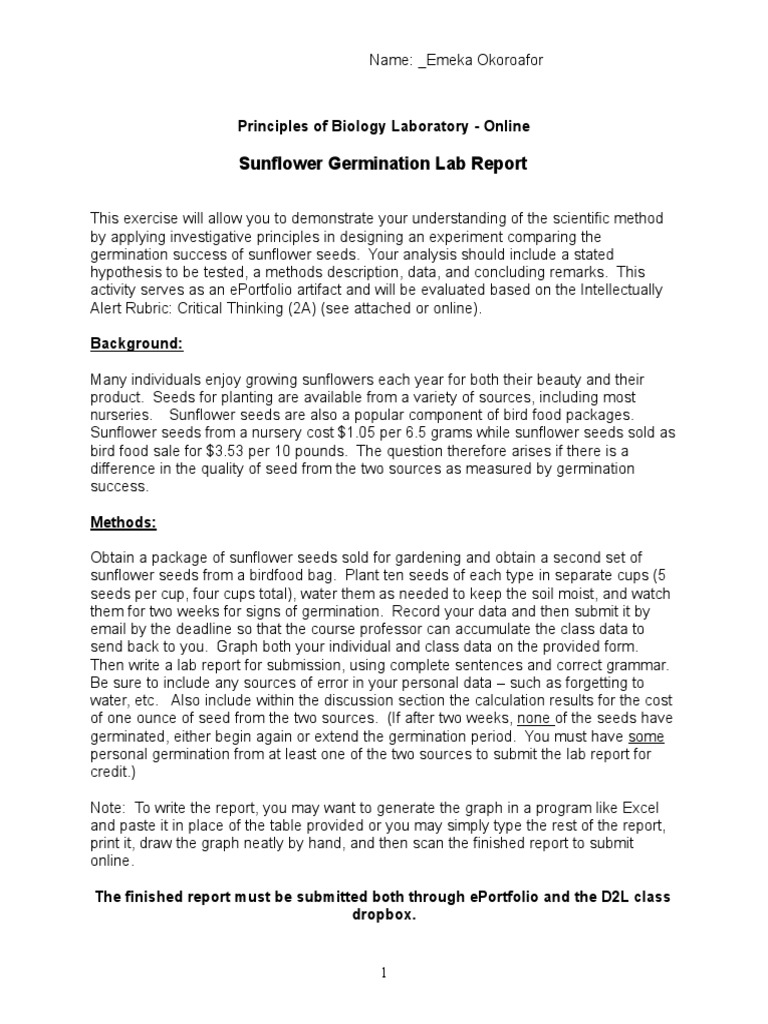 Sunflower Germination Lab Report: Principles of Biology Laboratory ...