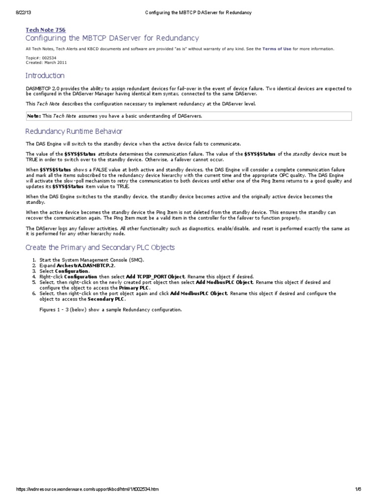 Configuring The MBTCP DAServer For Redundancy | PDF | Programmable Logic Controller | Systems ...