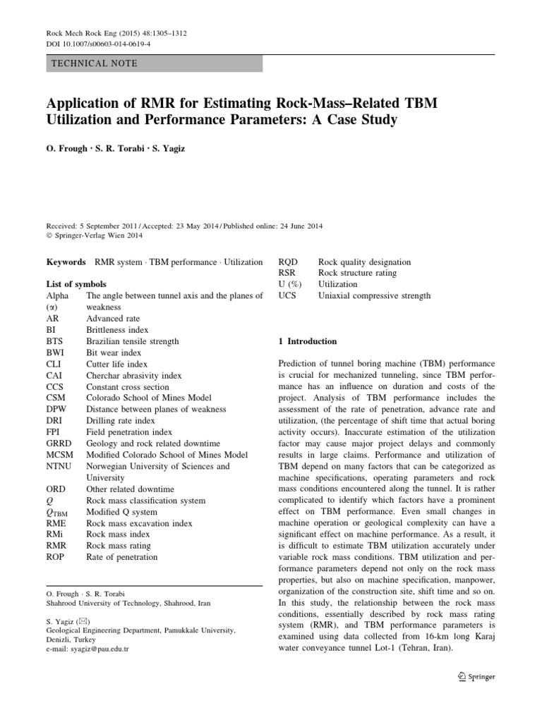 Application of RMR For Estimating Rock-Mass-Related TBM Utilization and ...