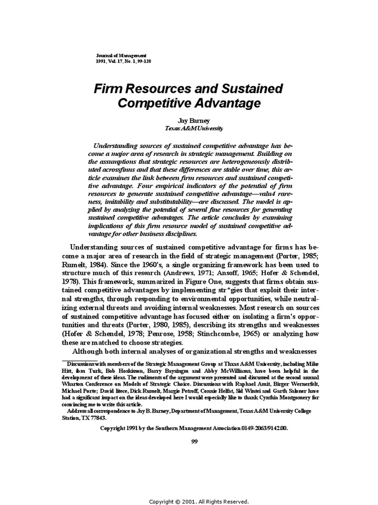 Firm Resources and Sustained Competitive Advantage: Jay Barney | PDF ...