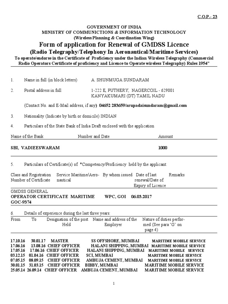 Form of Application For Renewal of GMDSS Licence: (Radio Telegraphy ...