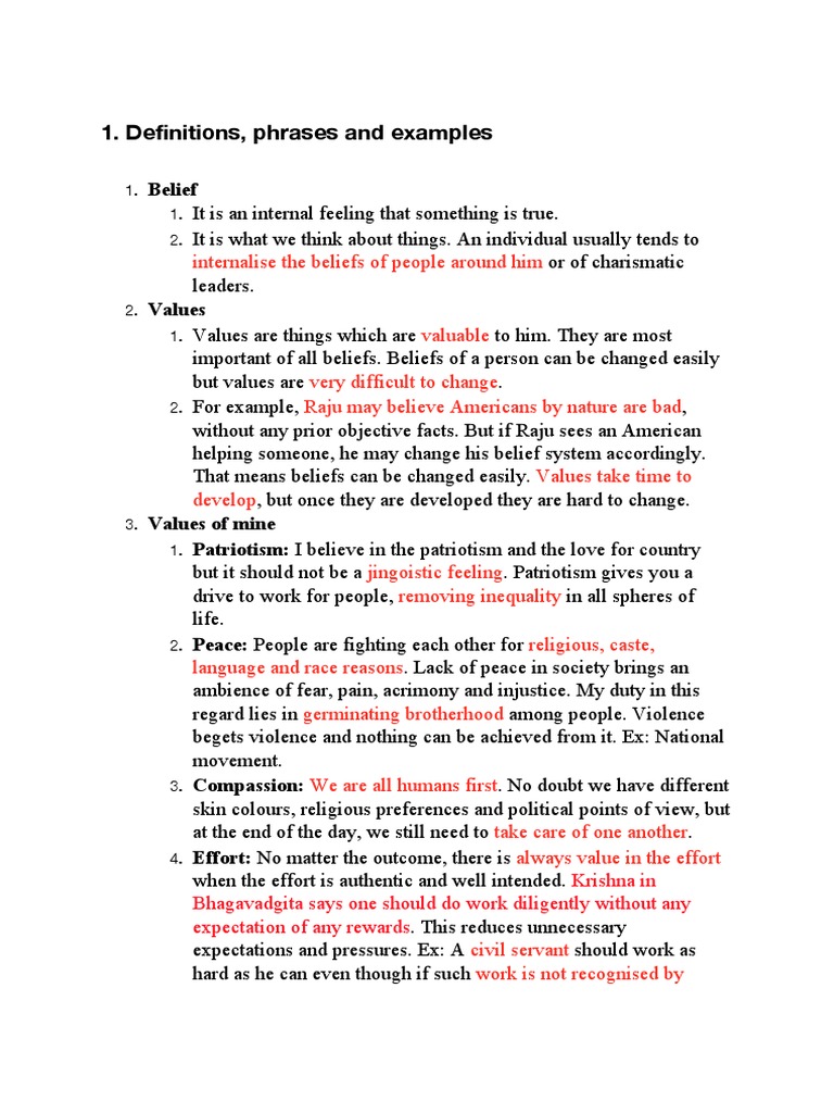 Definitions, Phrases and Examples: Belief | PDF | Integrity | Empathy