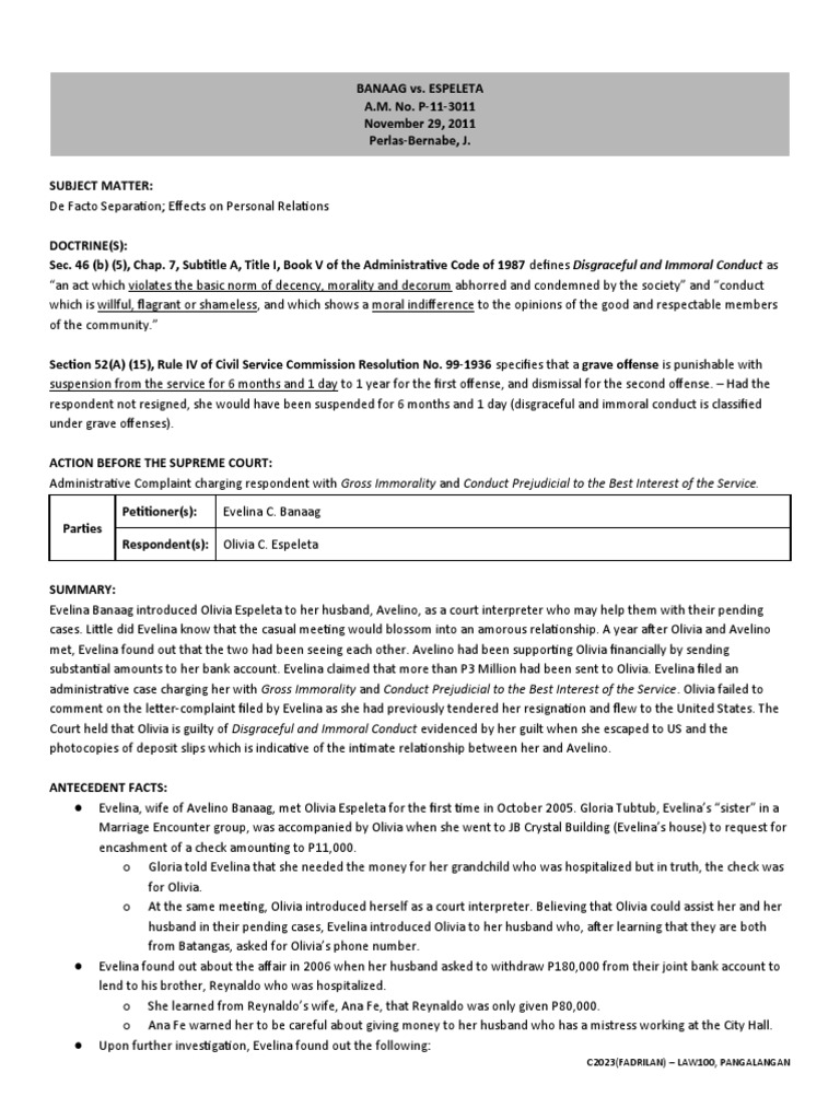(B118) LAW 100 - Banaag vs. Espeleta (A.M. No. P-11-3011) | PDF | Crime & Violence | Crime Thriller