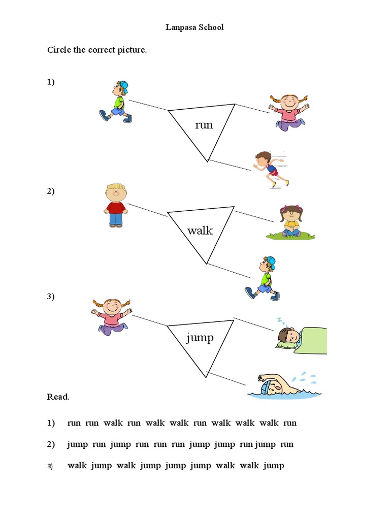 E0.1.2 Verbs, Run Walk Jump (Circle The Correct Picture) | PDF ...