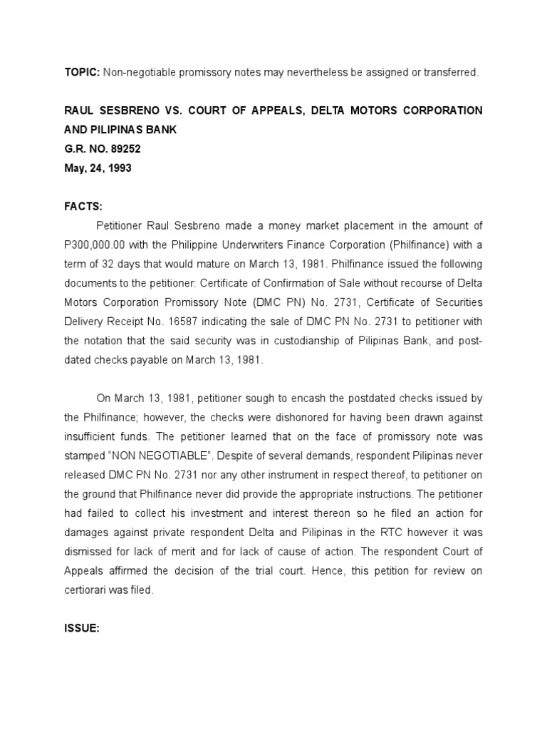 Case Digest, JD2A, Sesbreño Vs CA, 1993, Jamer | PDF | Promissory Note ...