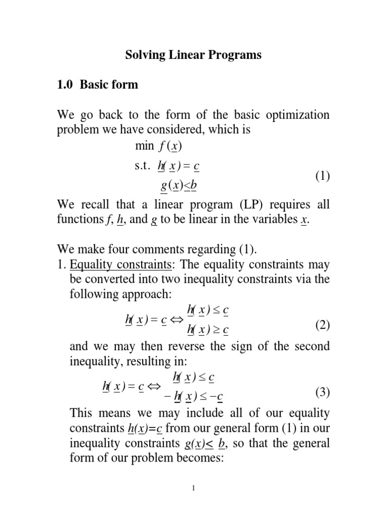 Solving Linear Programs 1.0 Basic Form: C) X (H X F | PDF ...