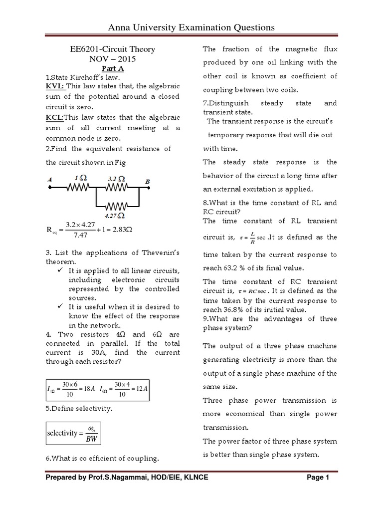 Anna University Examination Questions: EE6201-Circuit Theory NOV - 2015 ...