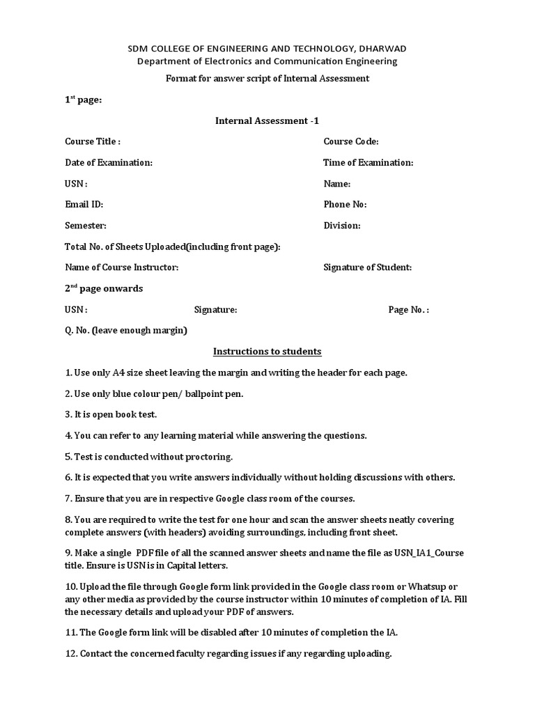 IA1 2020-21 - Instructions To The Students | PDF | Test (Assessment ...