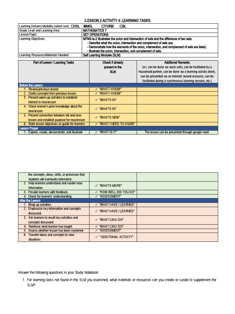 Lesson 2 Activity 4: Learning Tasks | PDF | Pedagogy | Teaching