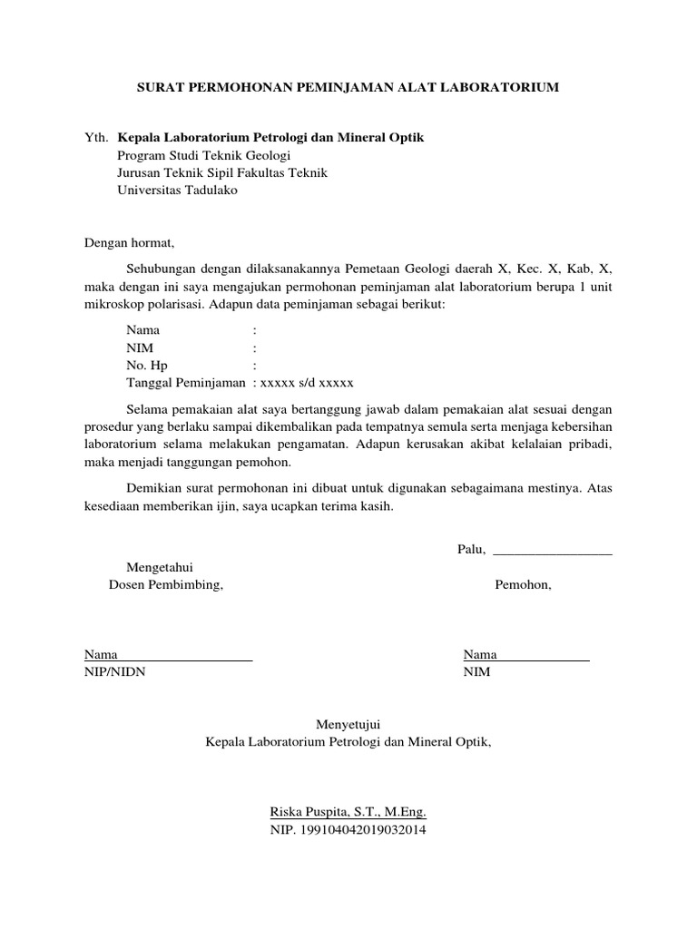 Surat Peminjaman Alat Laboratorium | PDF